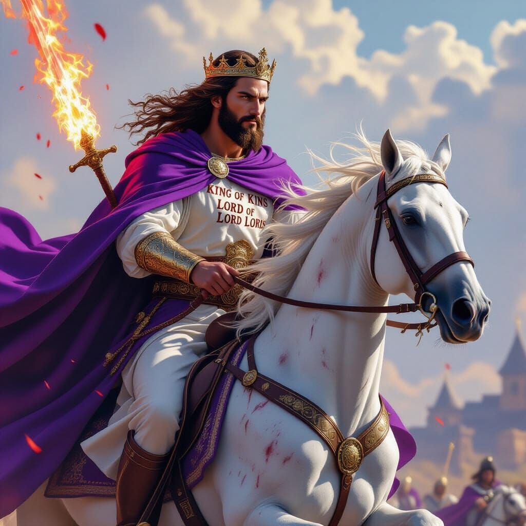 Jesus Christ writing on a white horse looking majestic and ready for ...