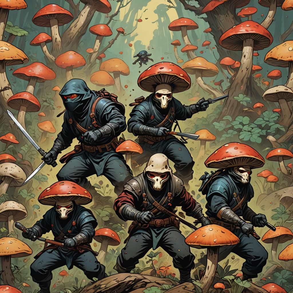 4 Mutant mushrooms ninjas warrior Mike Mignola style - AI Generated ...