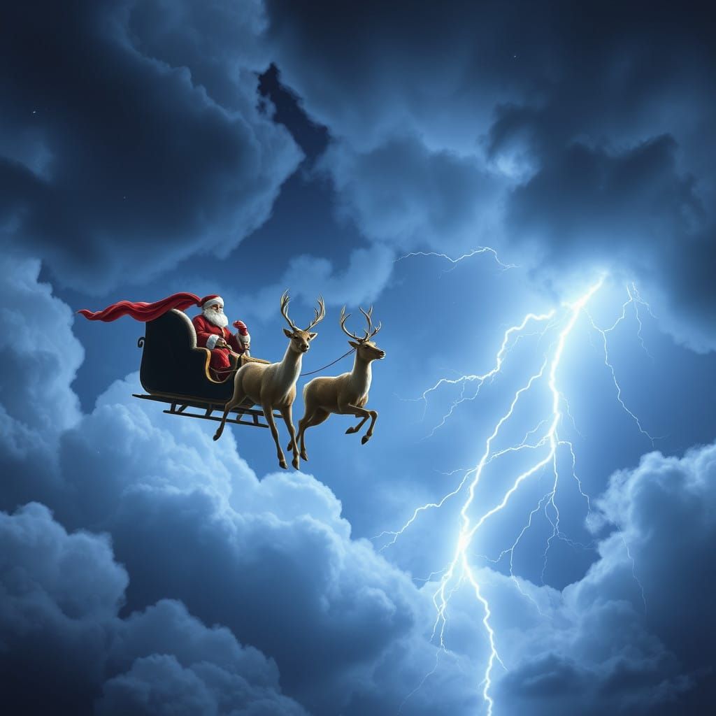 In a night sky full of thunder and lightning, two brave reindeer ...