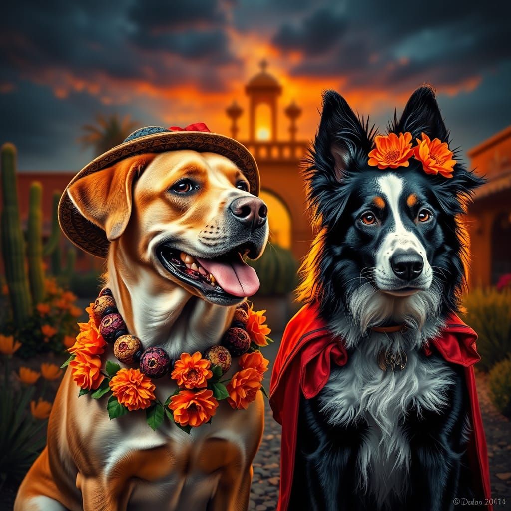 a tan Labrador dog and a black and white border collie dog attending ...