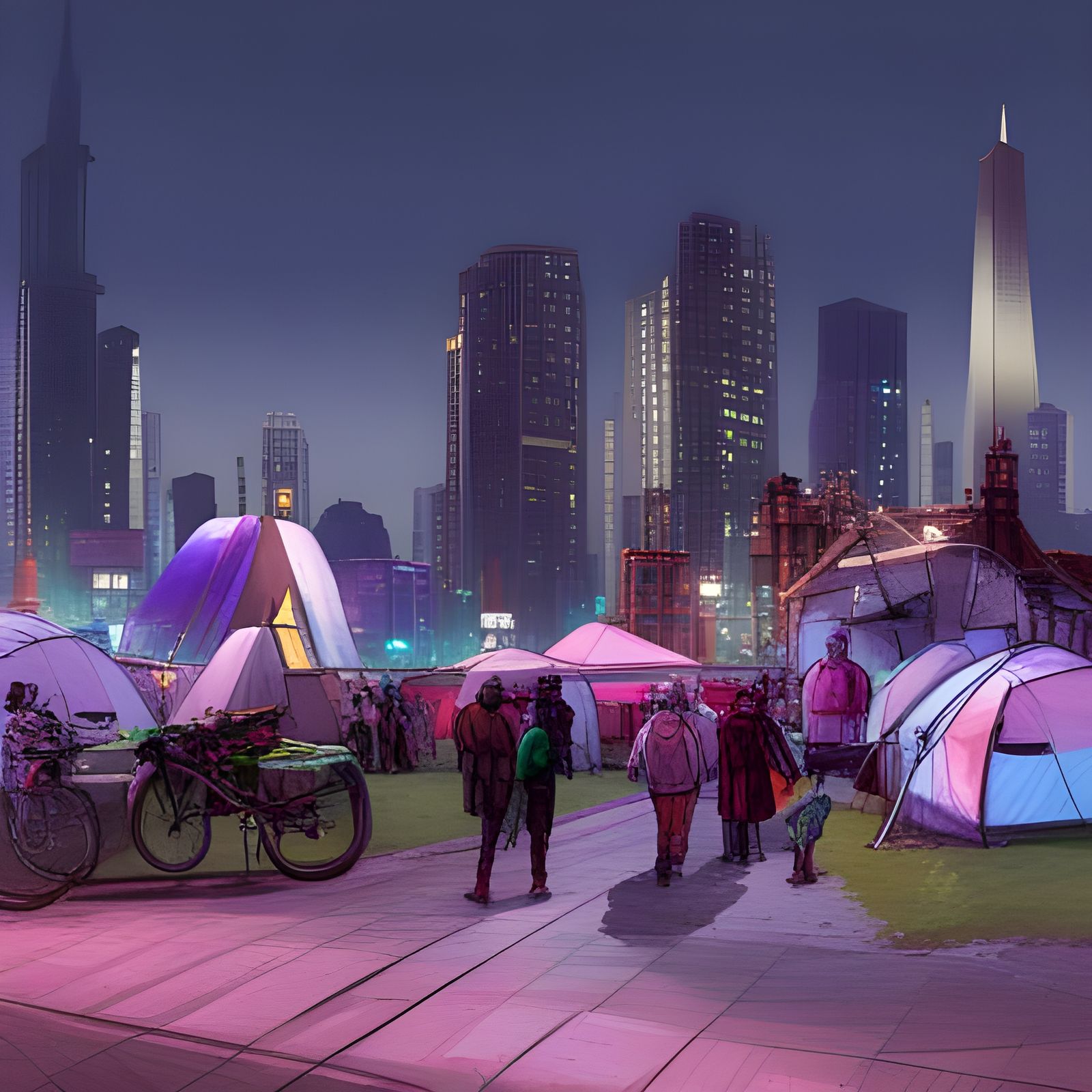 advanced robots giving food to many homeless people in a utopian future ...