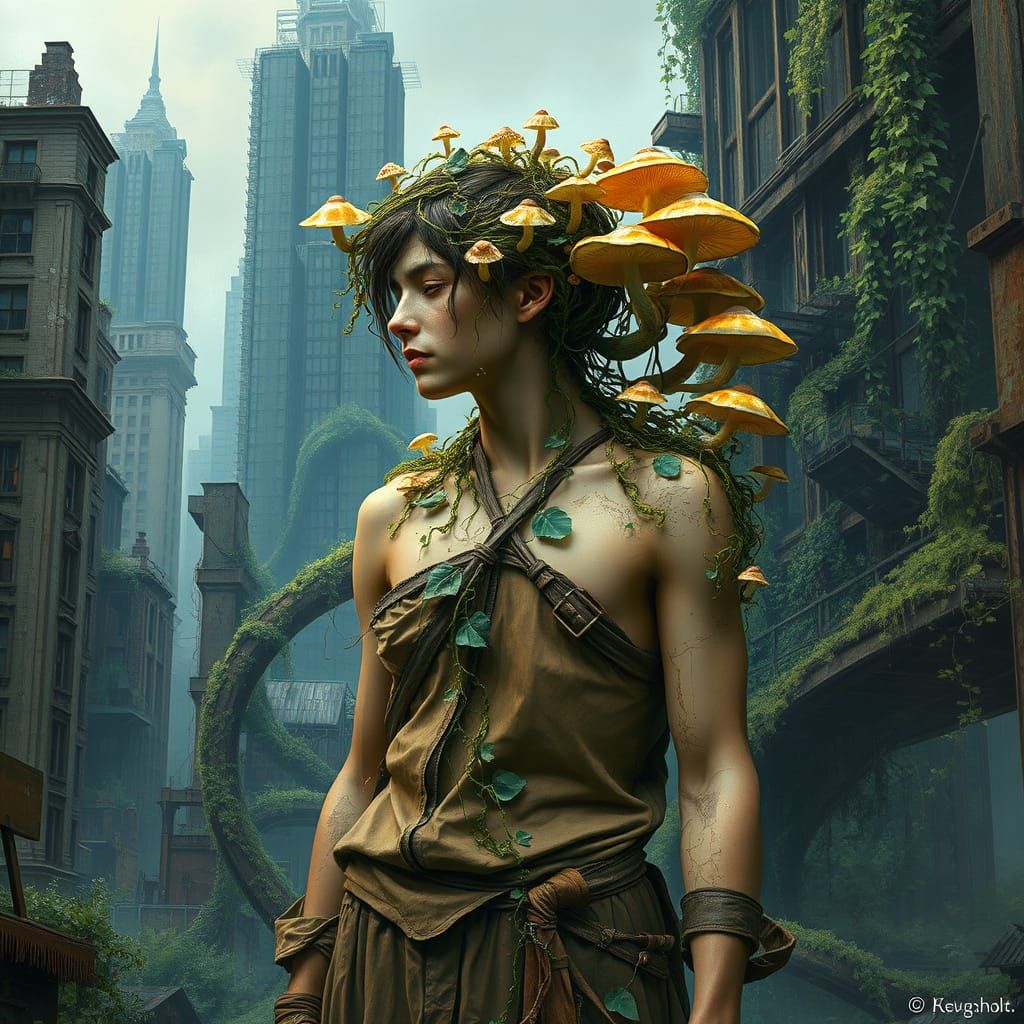 Person Surrounded by Urban Jungle in Fungal Bloom - AI Art