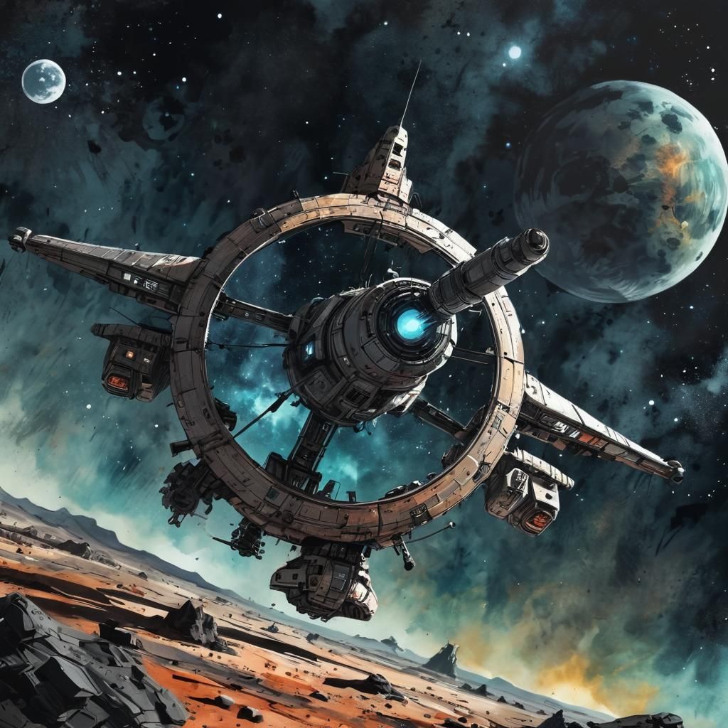 Damaged scientific exploration spaceship approaching planet surface