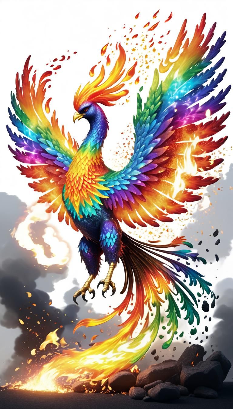 A magnificent, flaming, rainbow phoenix bursting to life from ...
