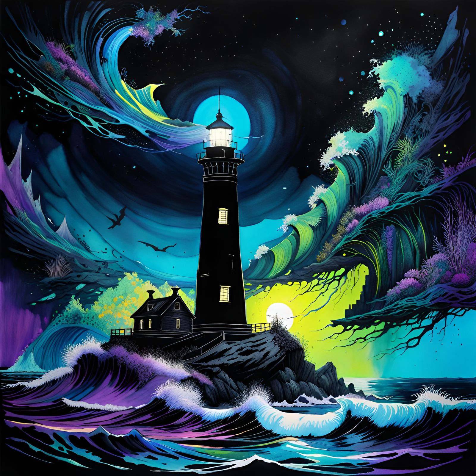 Detailed complex chaotic seascape black light lighthouse, UV-reactive ...
