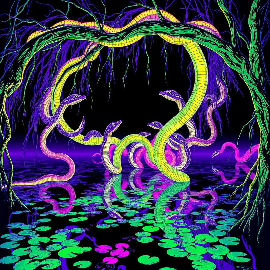 Funhouse Mirror Distortion: Fluorescent Swarm in B... - AI Art