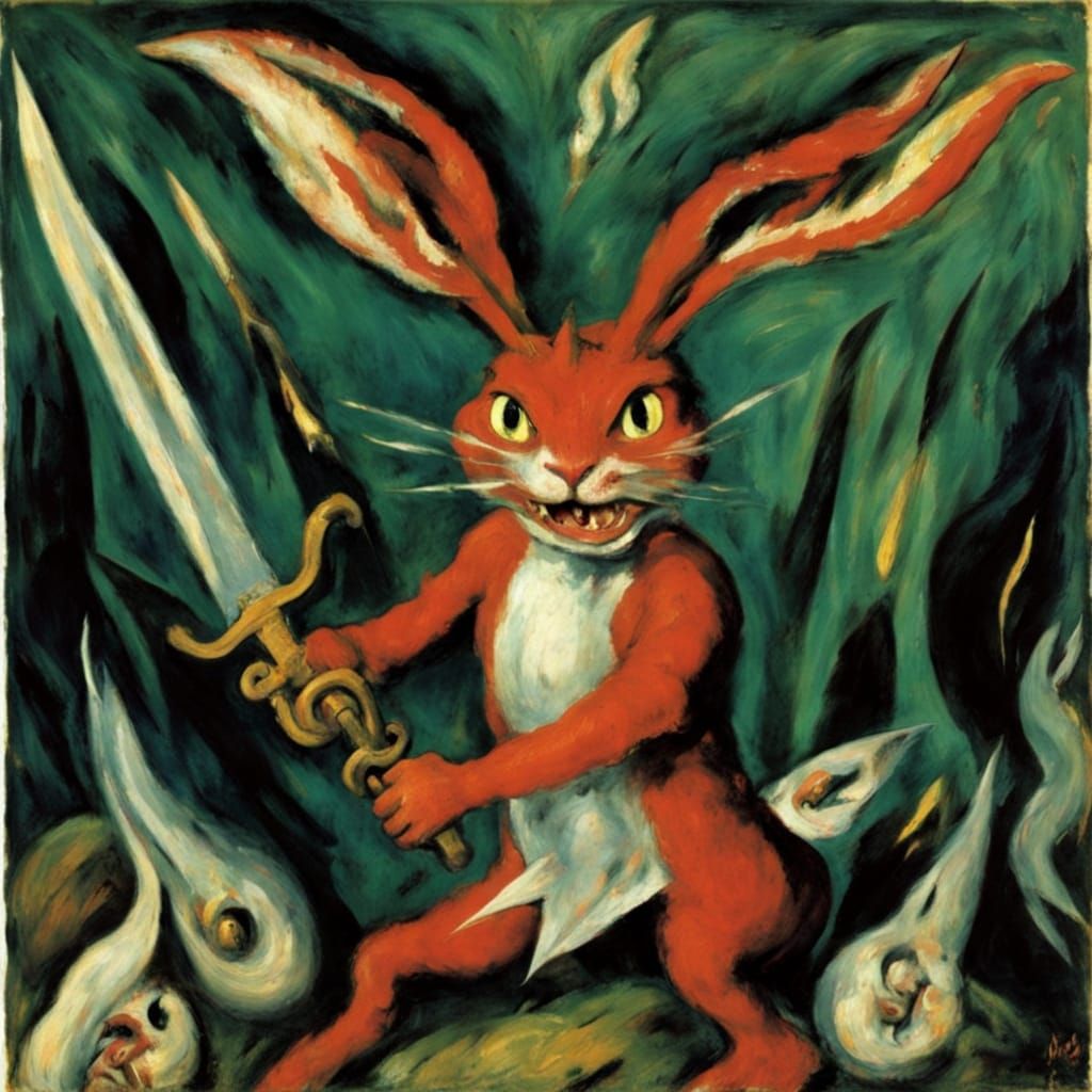 Fierce Rabbit Wields Flaming Elemental Swords in F... - AI Art