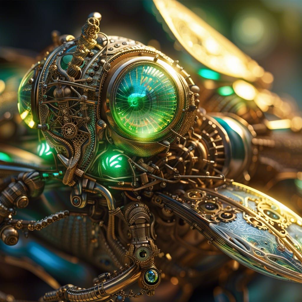 Close-up macro photograph, dazzling crystal Firefly, intricately ...