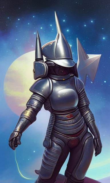 Close-up of Cute space sorceres beautiful lady knight in spacesuit ...
