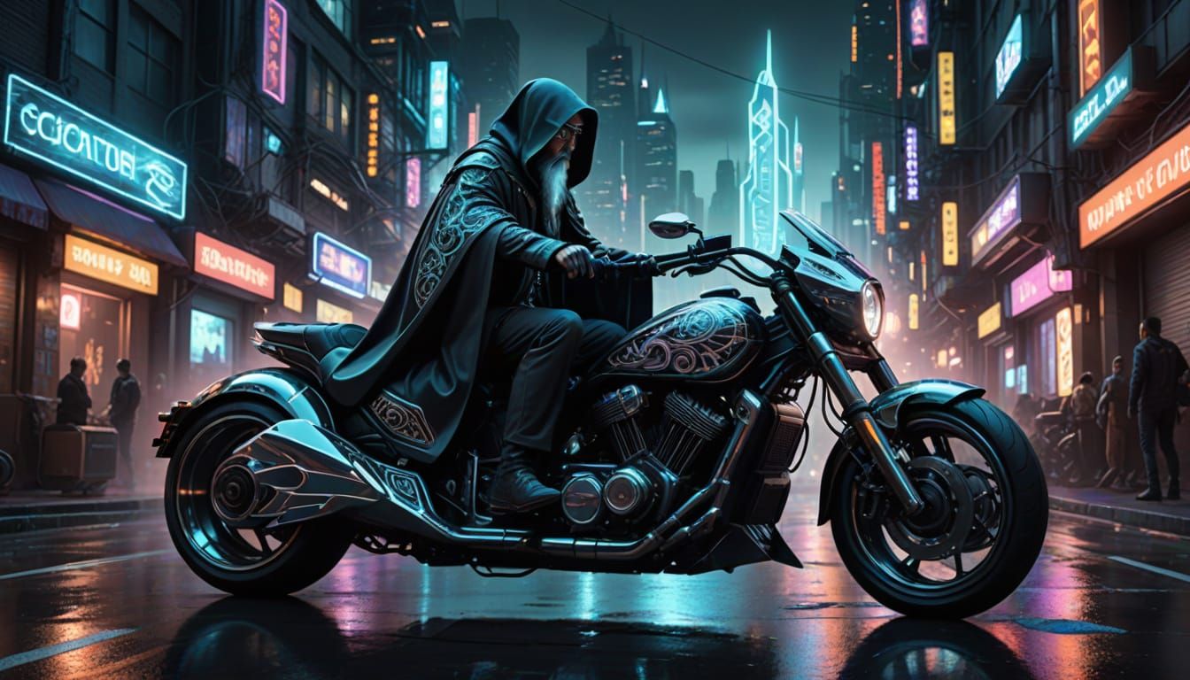 A wizard riding a futuristic motorcycle.