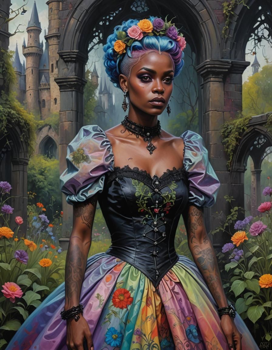 goth dark-skinned princess with short cut pastel bright hair and ...