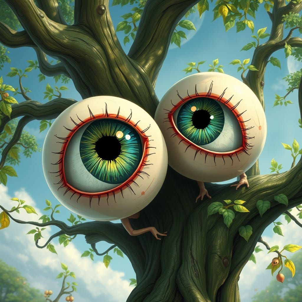 Whimsical Eyeballs Climb Fantastical Tree in Vibra... - AI Art
