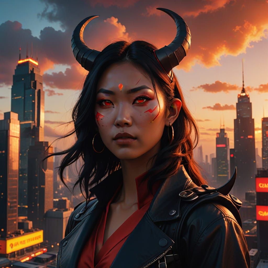 Edgy Tiefling Goddess Against Vibrant Sky - AI Art