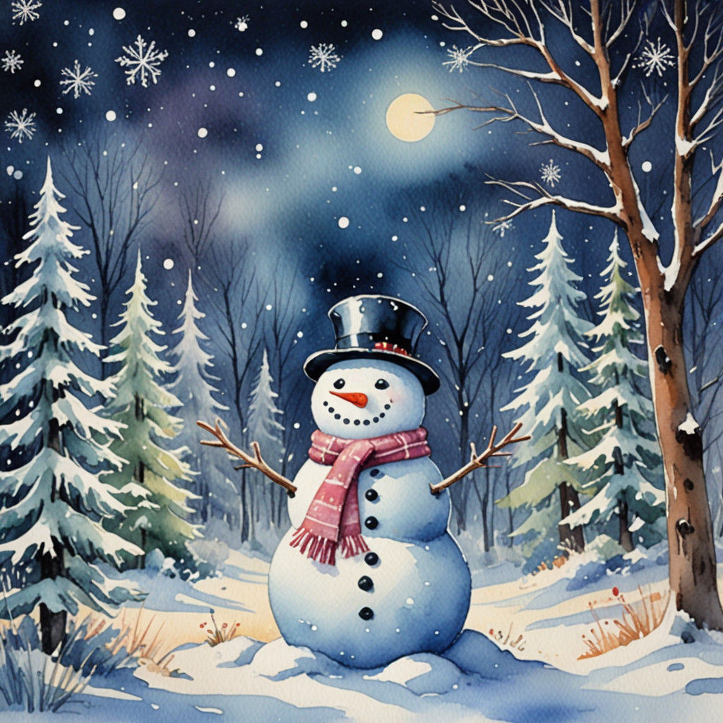 snowman watercolor - Whimsical Watercolor Snowman in Winter...