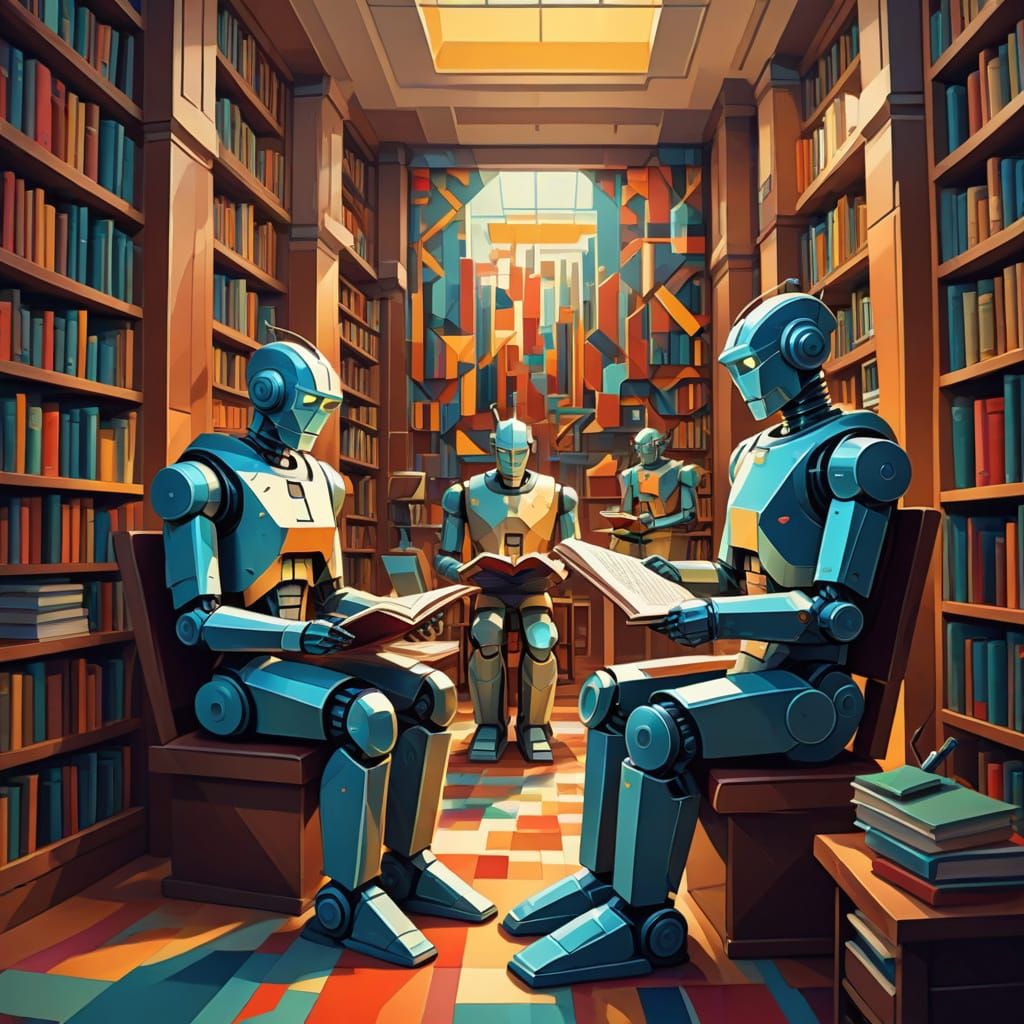 Robots reading in library. - Robots in a Cubist Library Scen...