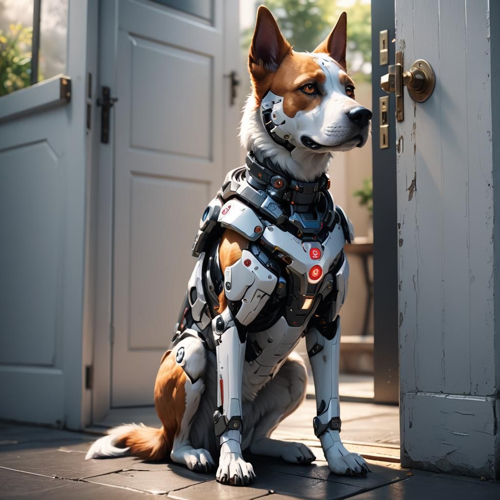 A cyborg dog sitting at the door - AI Generated Artwork - NightCafe Creator