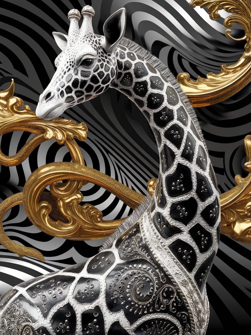 Fancy Giraffe - Elegant Black and White Paisley Giraffe wit...