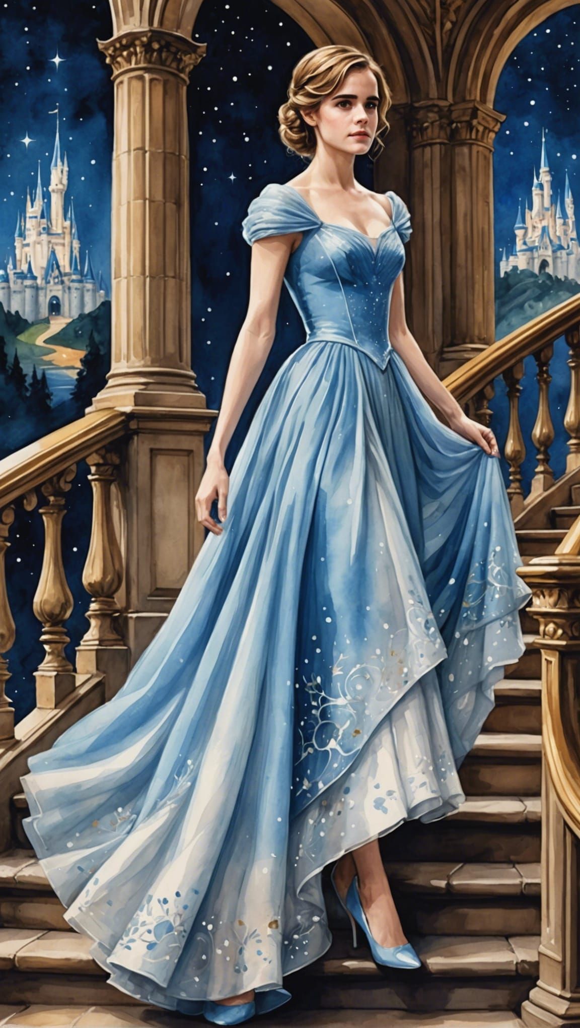Watercolor painting of Emma Watson as Cinderella, wearing the classic ...