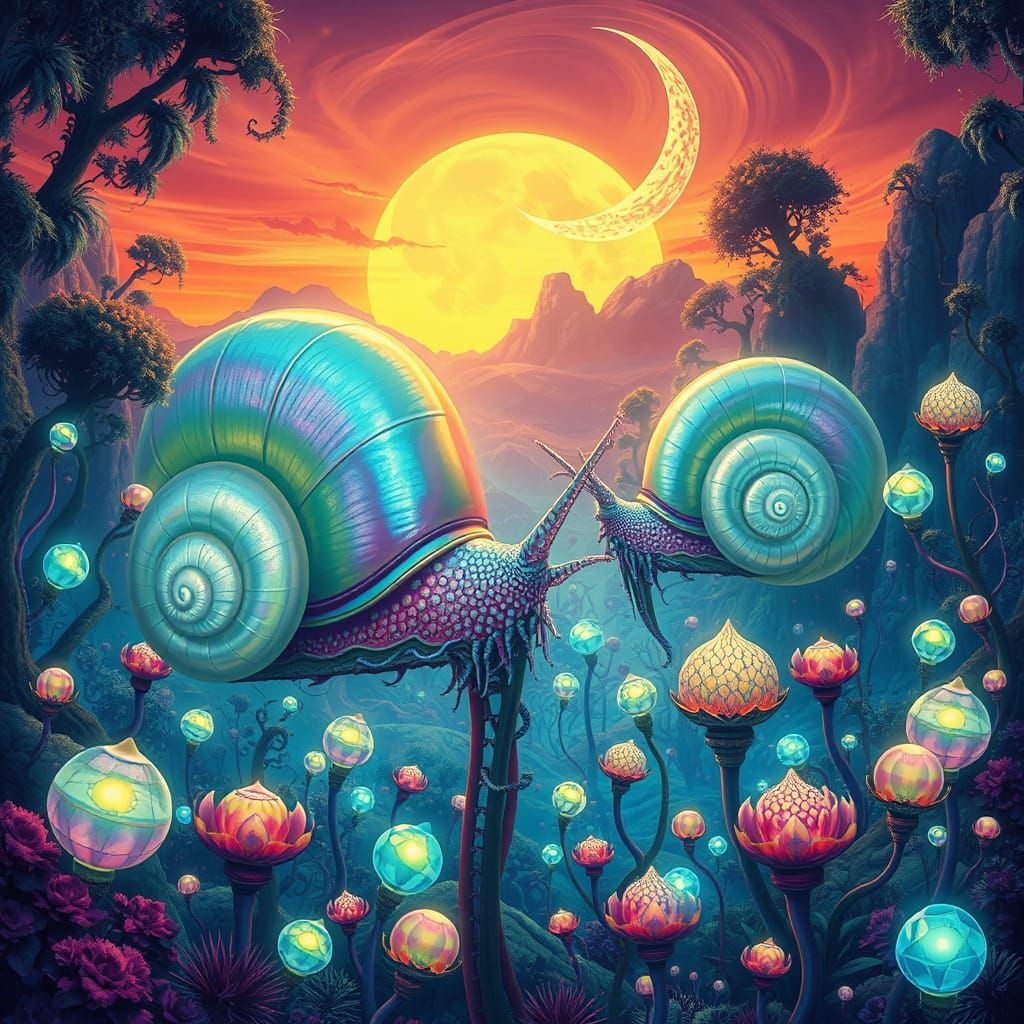 Ethereal Dreamscapes: Colossal Snails Devour Glowi... - AI Art