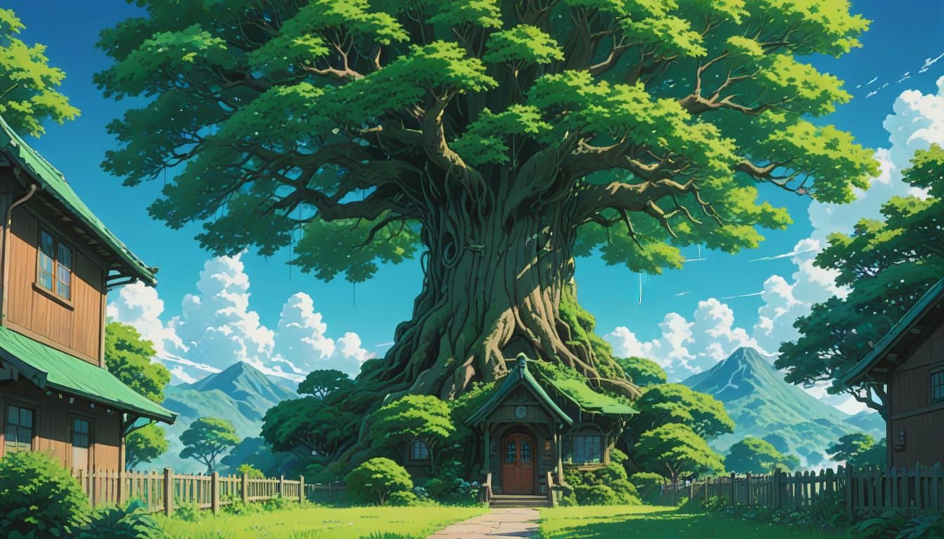 Ethereal Anime Tree in Vibrant Cerulean Light - AI Art