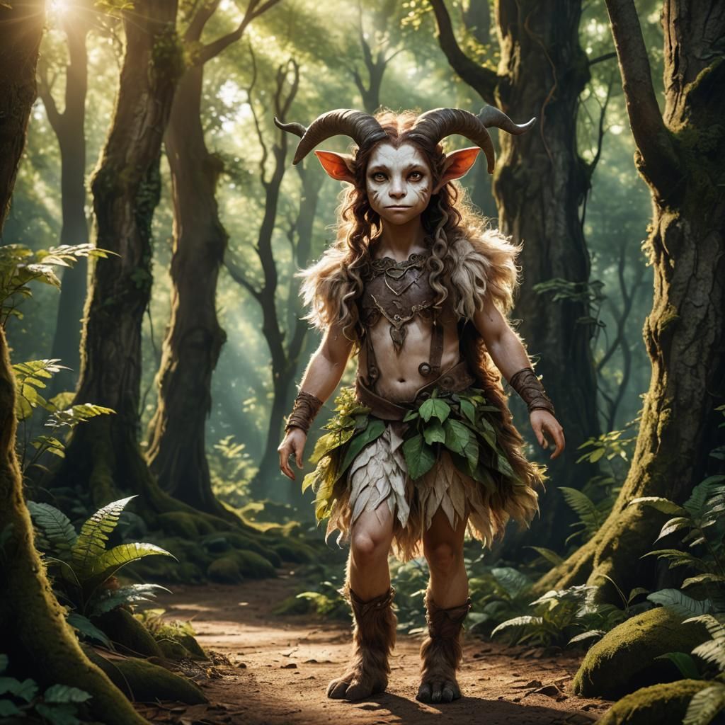 Realistic full-length photo of a handsome and attractive little satyr ...