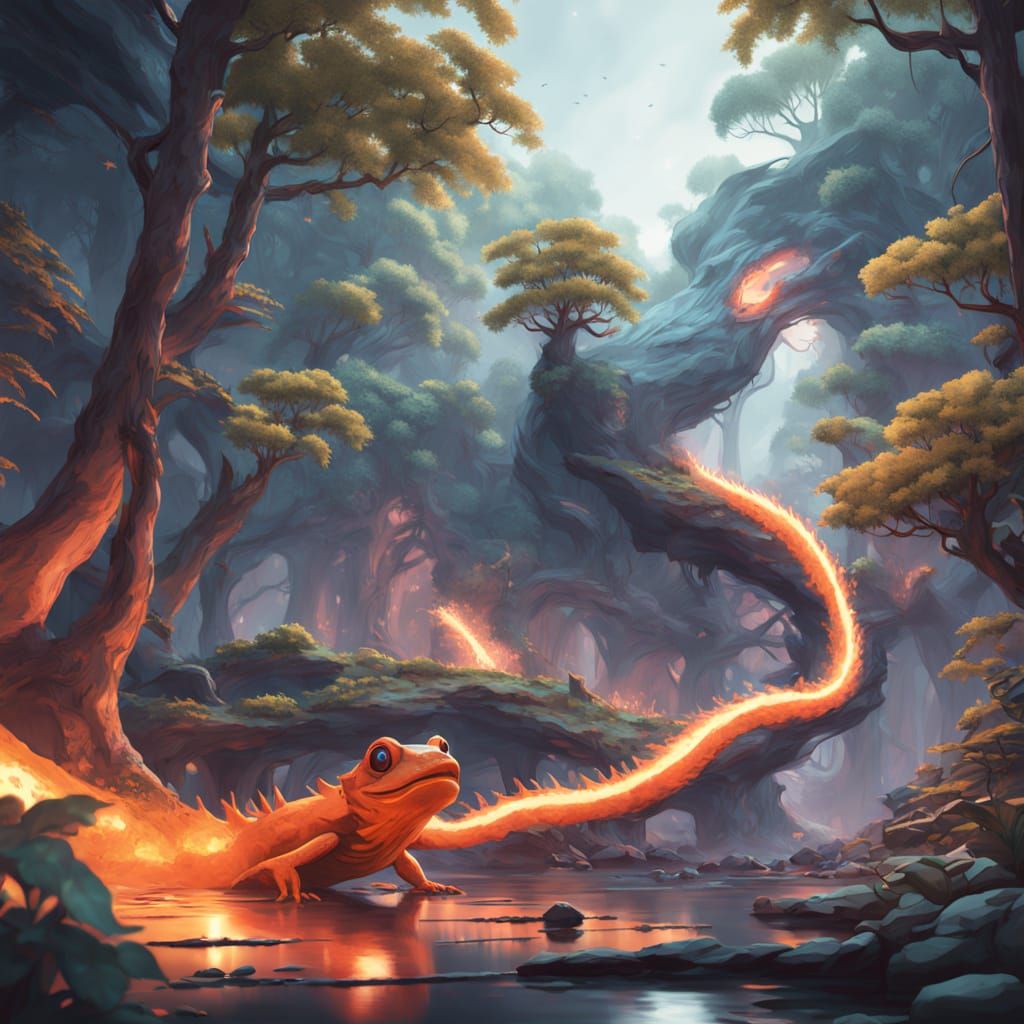 Primordial Salamander Unleashes Fiery Breath at An... - AI Art