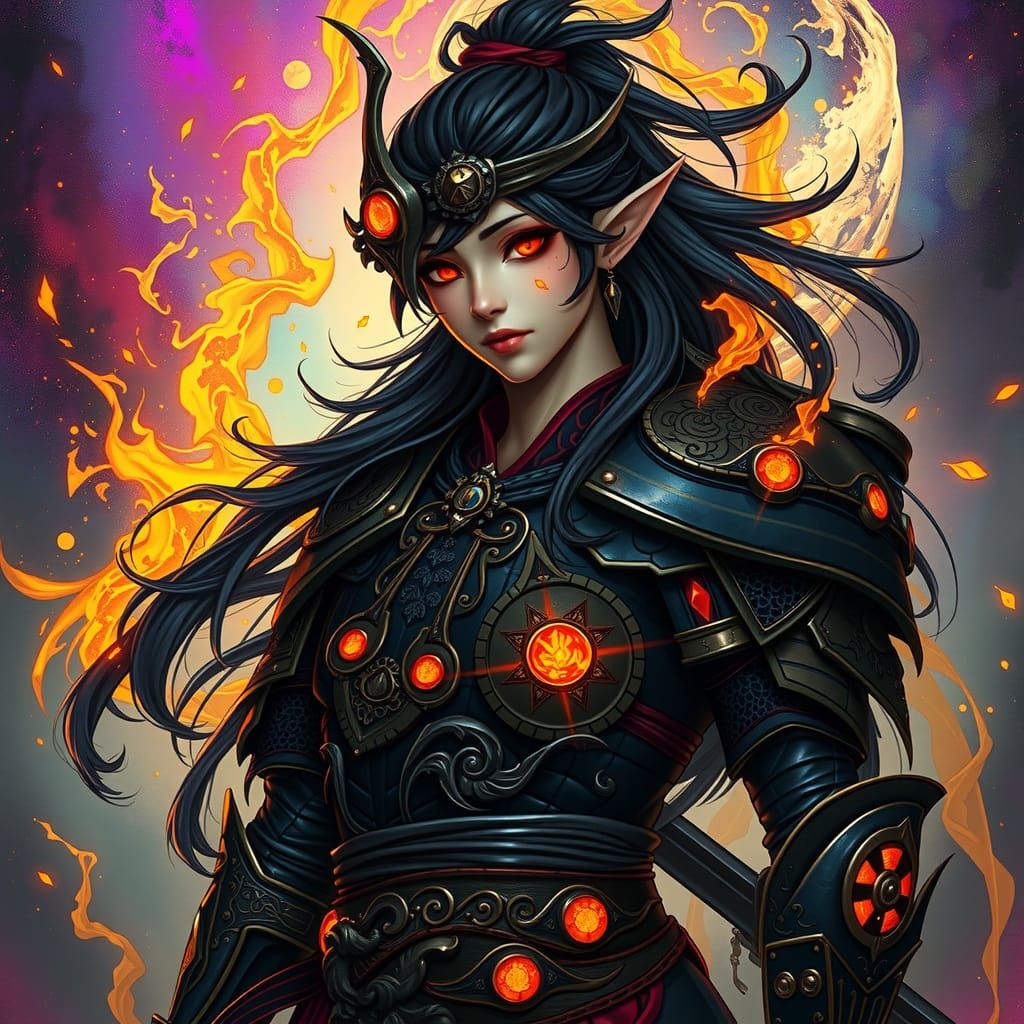 Dark Fantasy Drow Elf Samurai in Ornate Art Nouvea... - AI Art