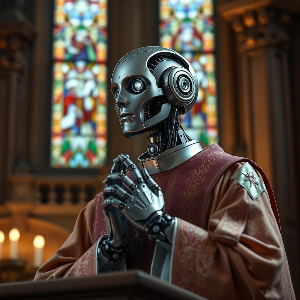 Robot Priest Preaches in Elegant Catholic Cathedra... - AI Art