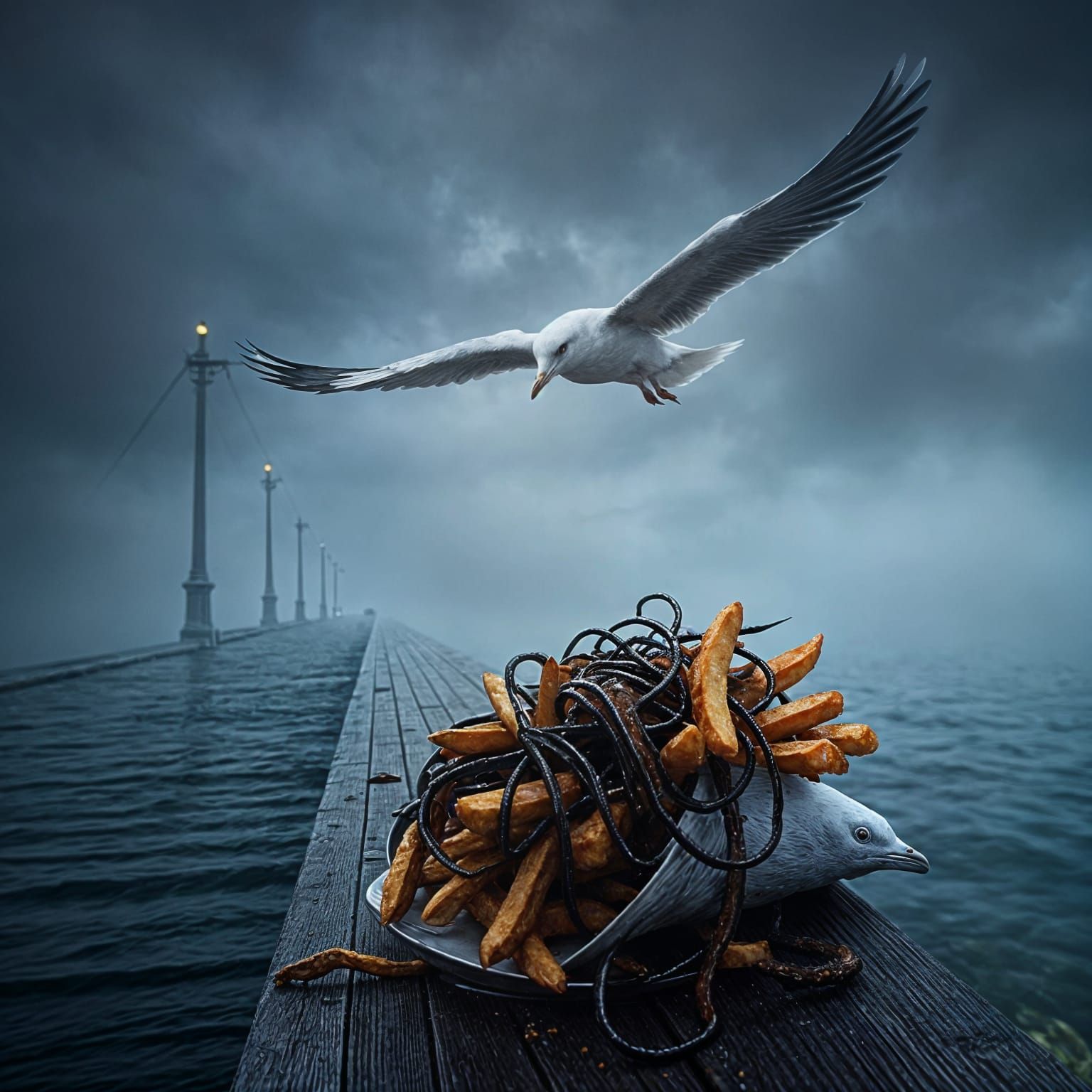 Edgar Allen Poe reimagines the seagull eating fish and chips. Dark ...