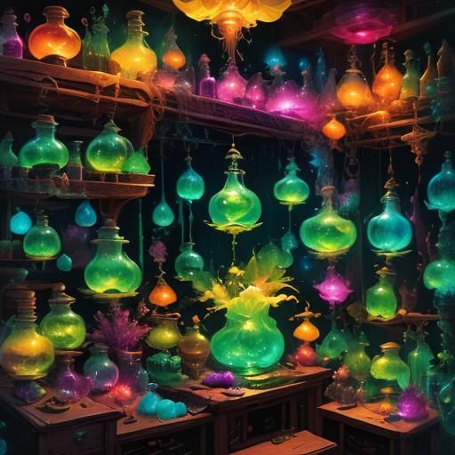 A glowing potion bioluminescent fantasy art by "Shih Chieh Huang, fantasy illustration, detailed ...