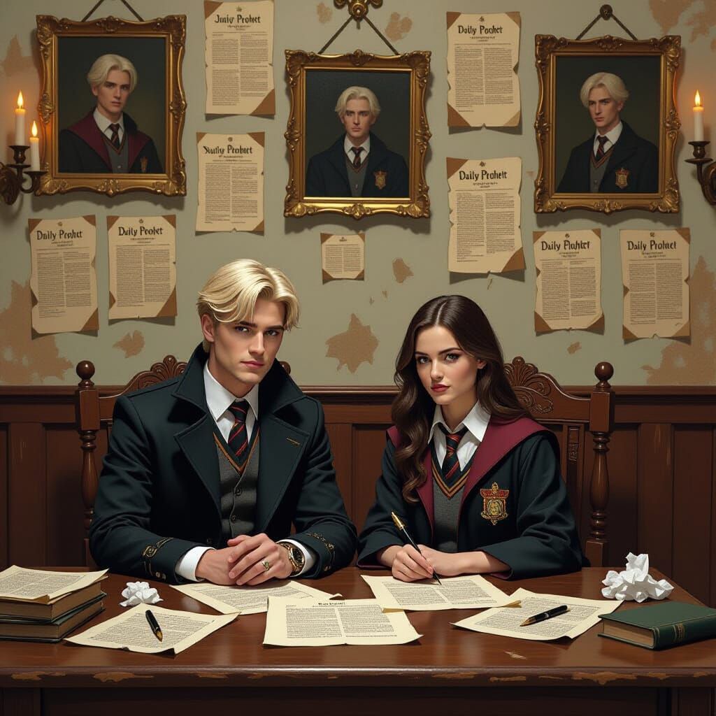 Draco and Hope in Enchanted Office, Digital Art - AI Art