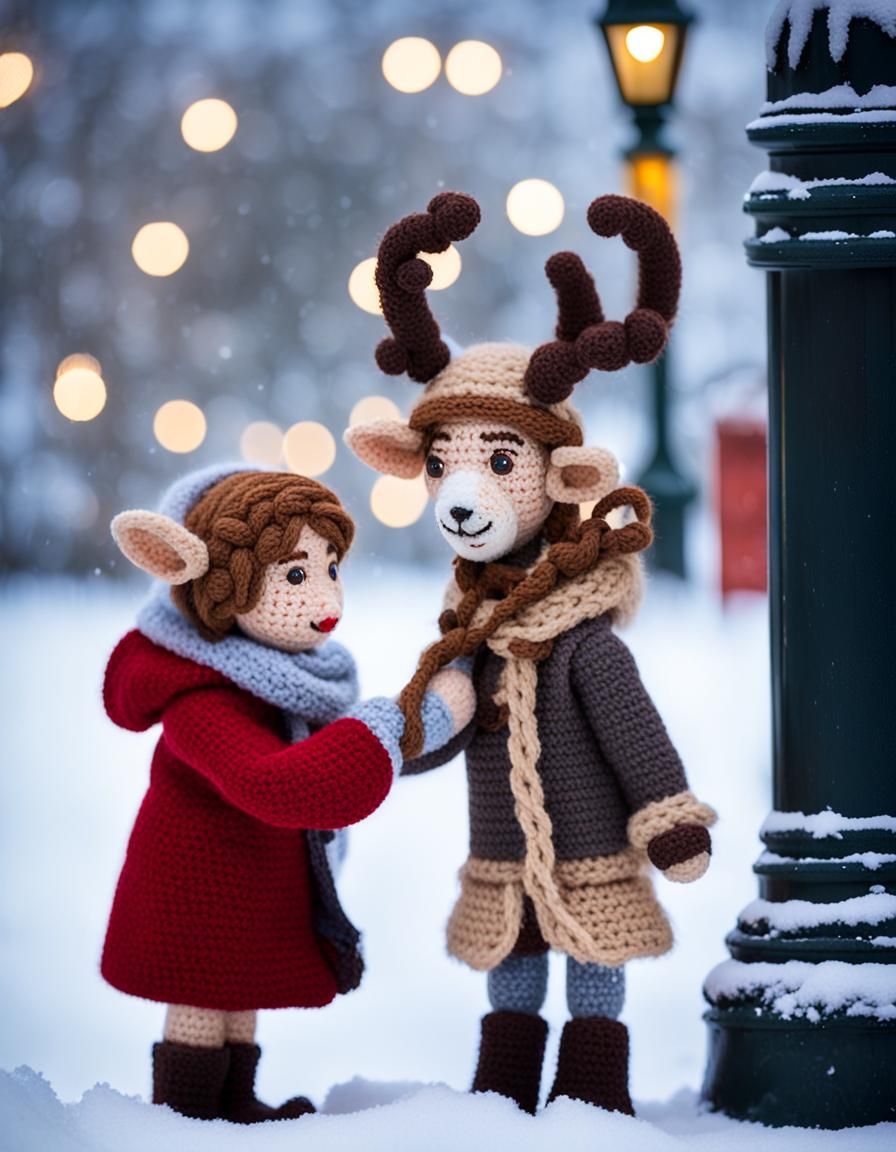 Crochet of the faun Mr Tumnus and Lucy by the lampost in snowy Narnia ...
