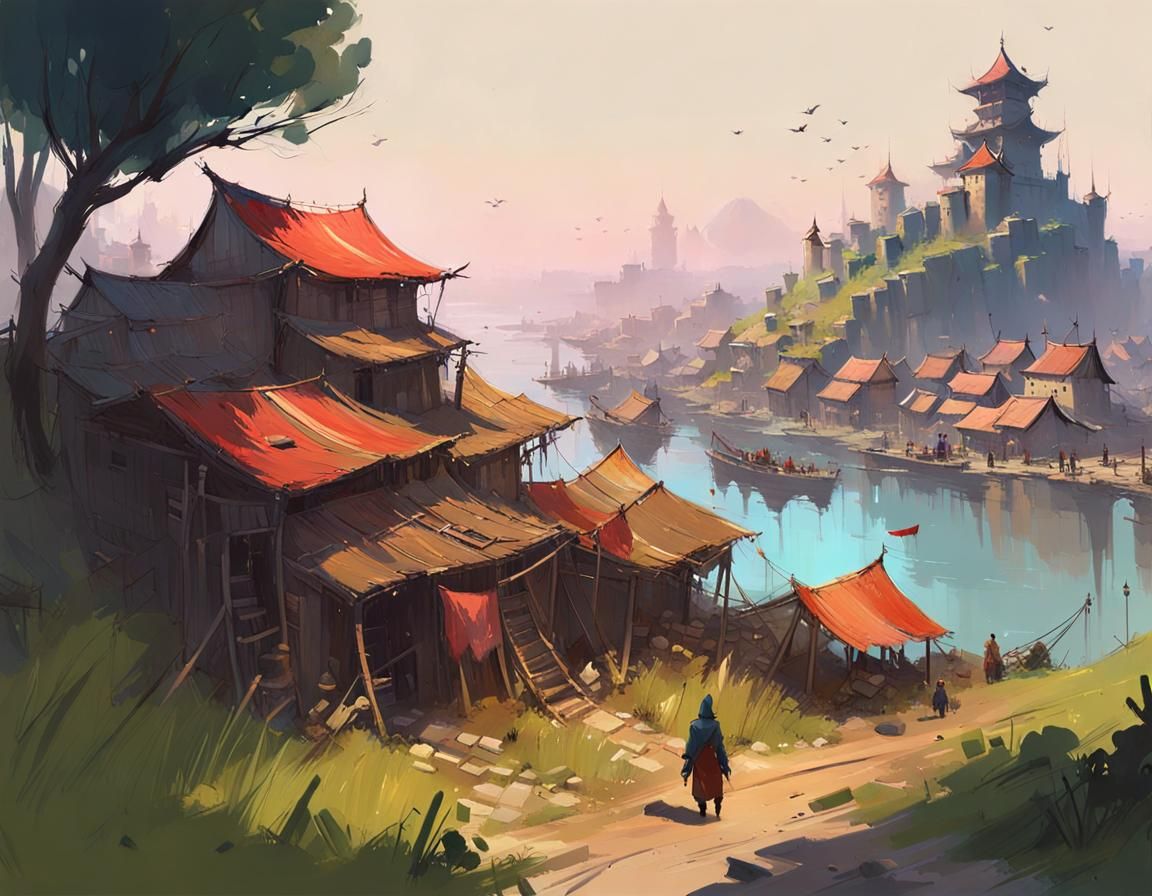 Asian-Influenced Village in the Style of Ismail Inceoglu - AI Generated ...
