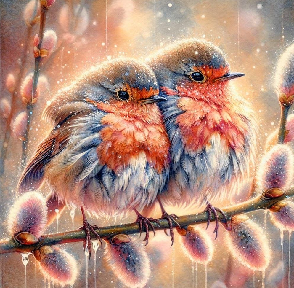 Robins in the Flowering Willow - Vibrant Pink Robins in Deli...