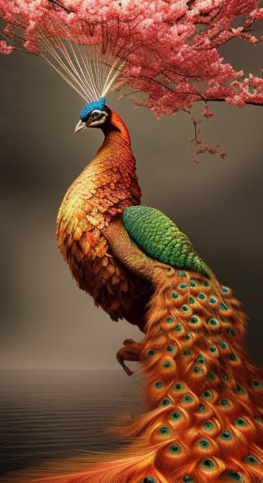 insanely detailed Photograph showcasing a magical peacock-phoenix ...