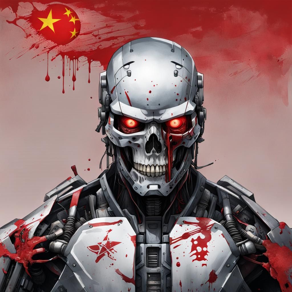 chinesse_terminator_cyborg_samurai, scratched and bloody chinesse_flag ...
