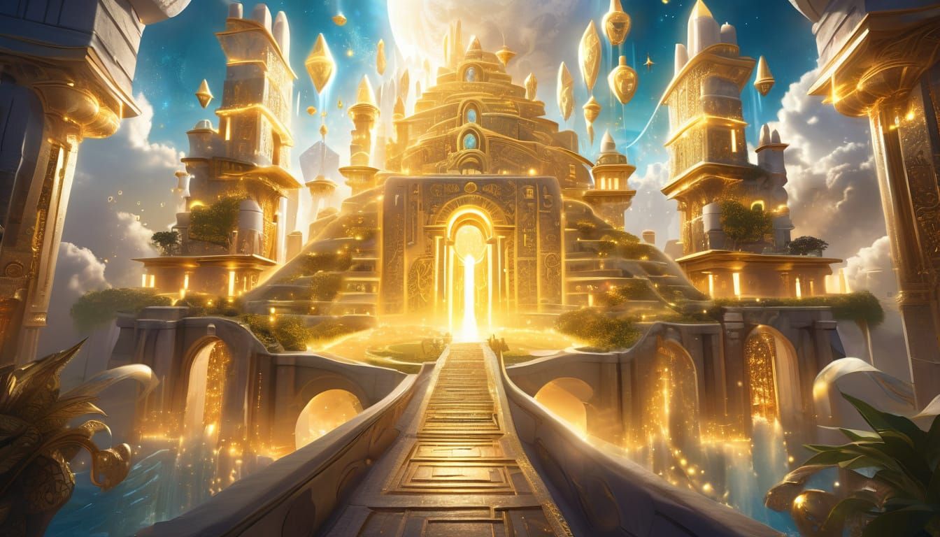 An enchanted golden pathway stretching through mystical floating ...