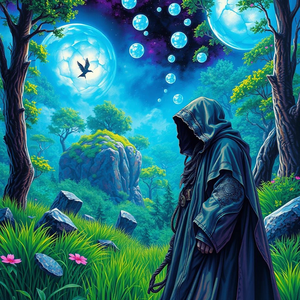 Cloaked wizard in a grassy green cyber forest with electric blue ether orbs in the sky with ...
