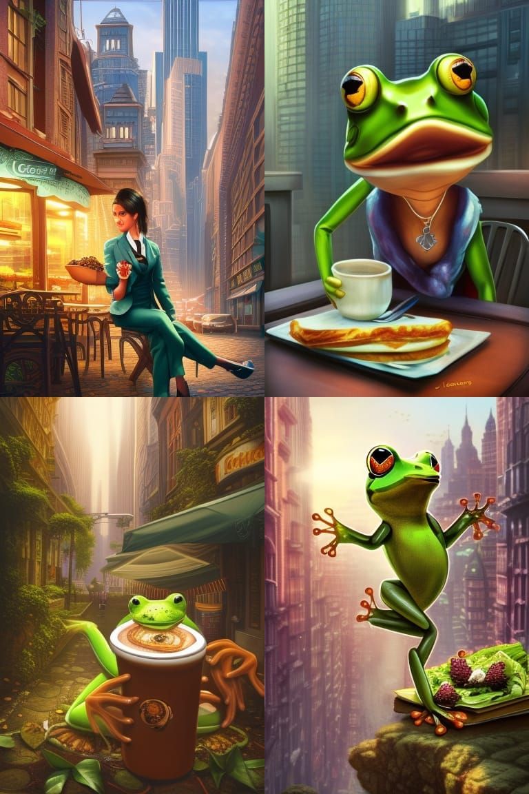 Cute lady Frog in business suit eats breakfast salad coffee and ...