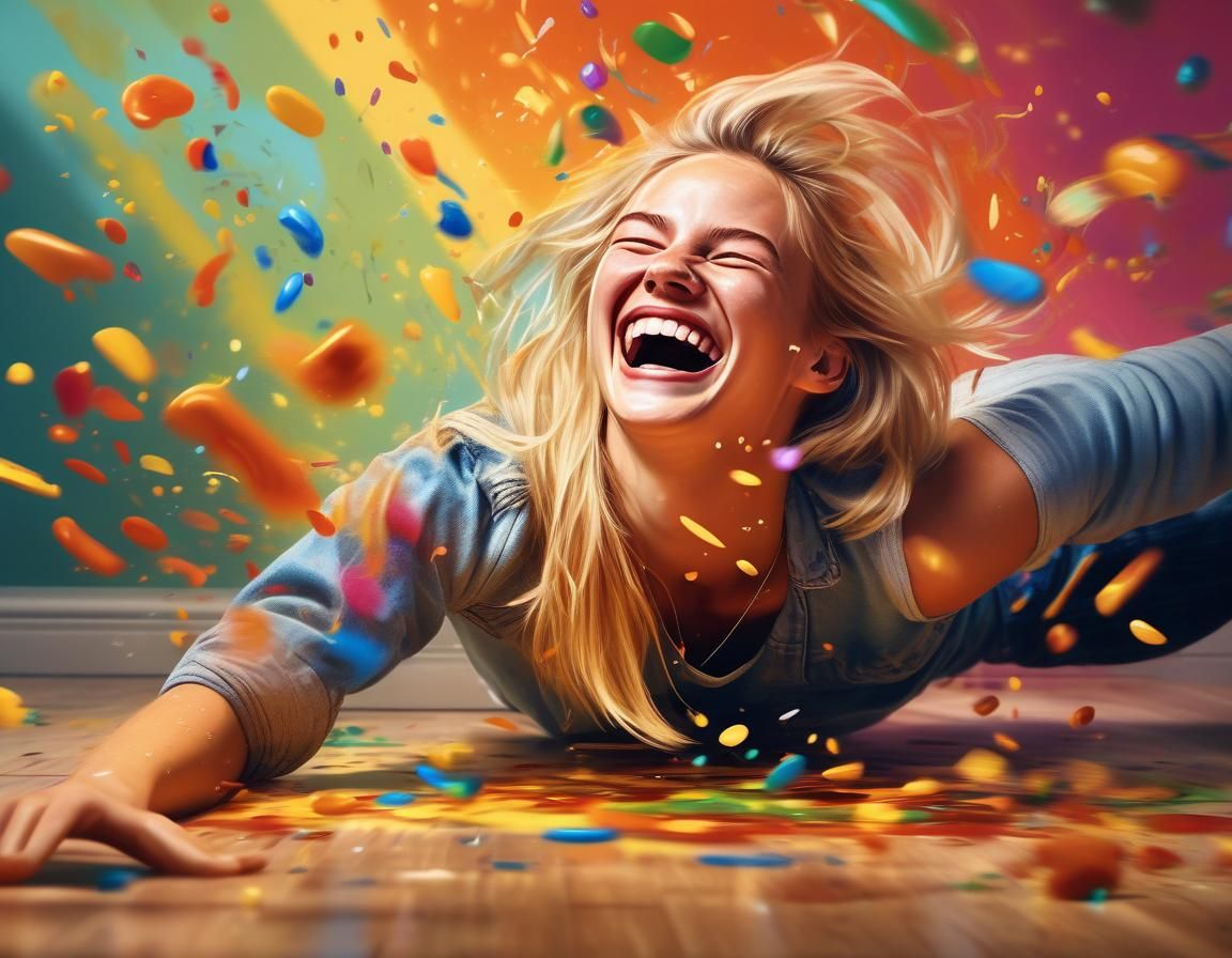 A young blonde lady laughing hystericaly while rolling on the floor au ...