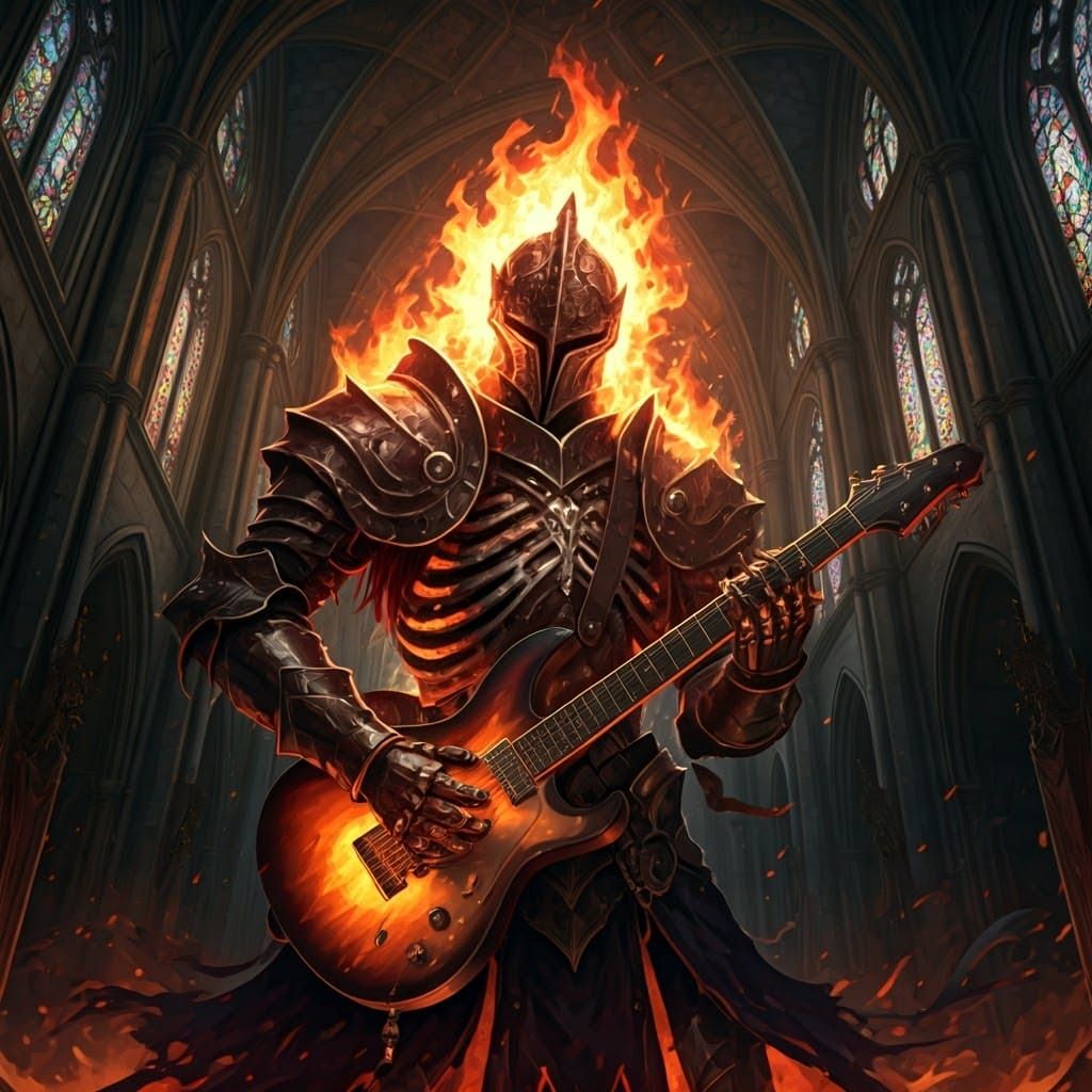 Cyberpunk Skeletal Knight in Blazing Armor - AI Art