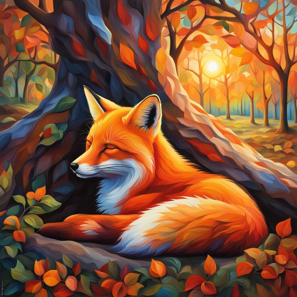 A sleeping fox under a tree - AI Generated Artwork - NightCafe Creator