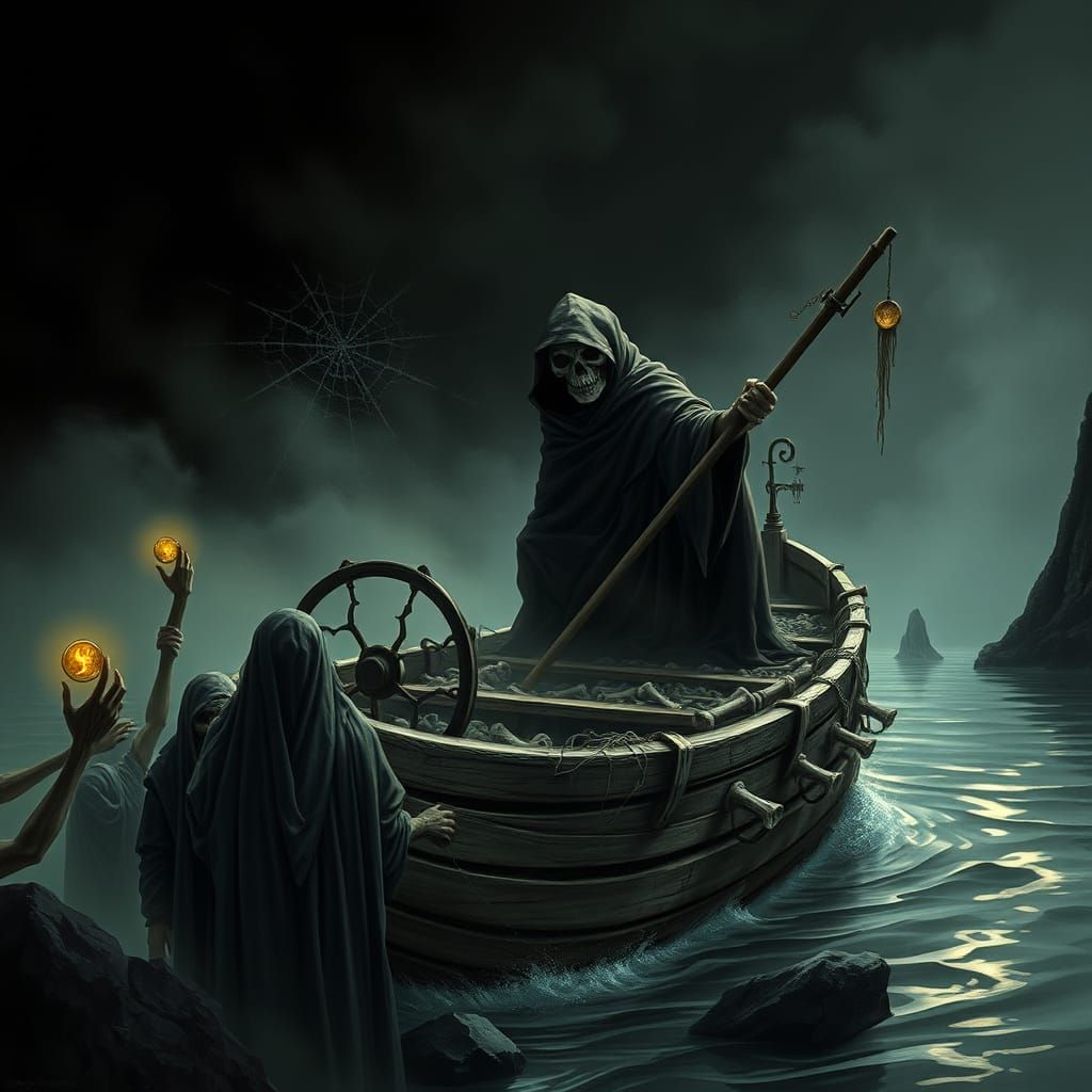 Charon Guides Skeletal Boat Across Dark River Styx... - AI Art