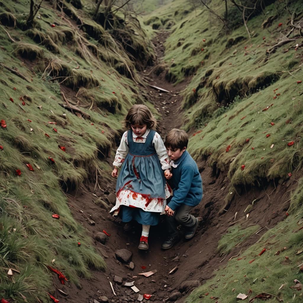 Jack and Jill fell down the hill bloody horror hyperreal crying sad ...