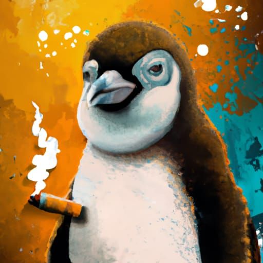 baby penguin, dressed as Maya, smoking a cigar, looking straight ahead ...