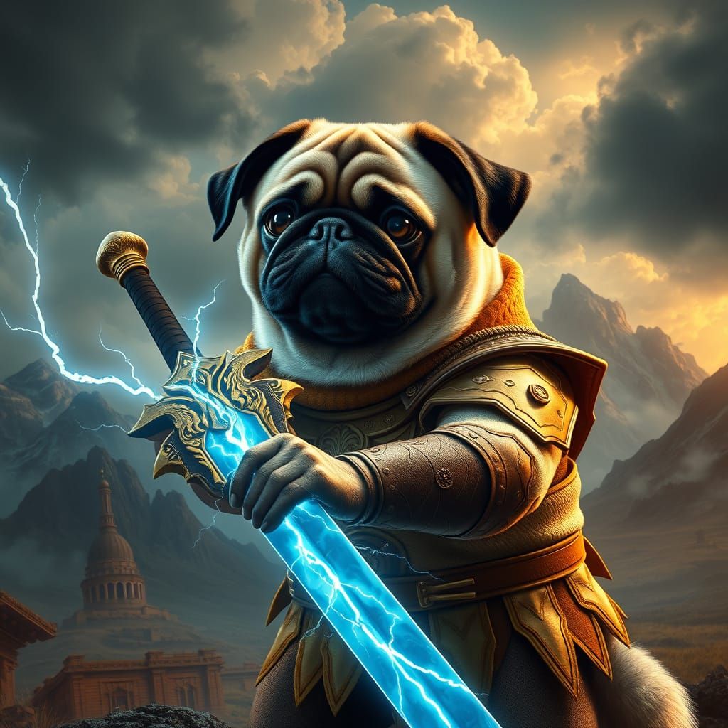 Lightning Sword - Epic Pug Warrior Wields Electric Blue Ligh...