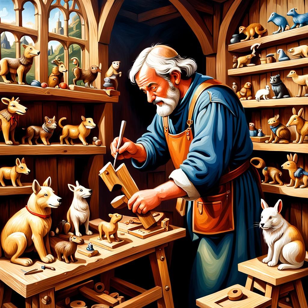 Medieval carpenter putting the finishing touches on a collection of toy ...