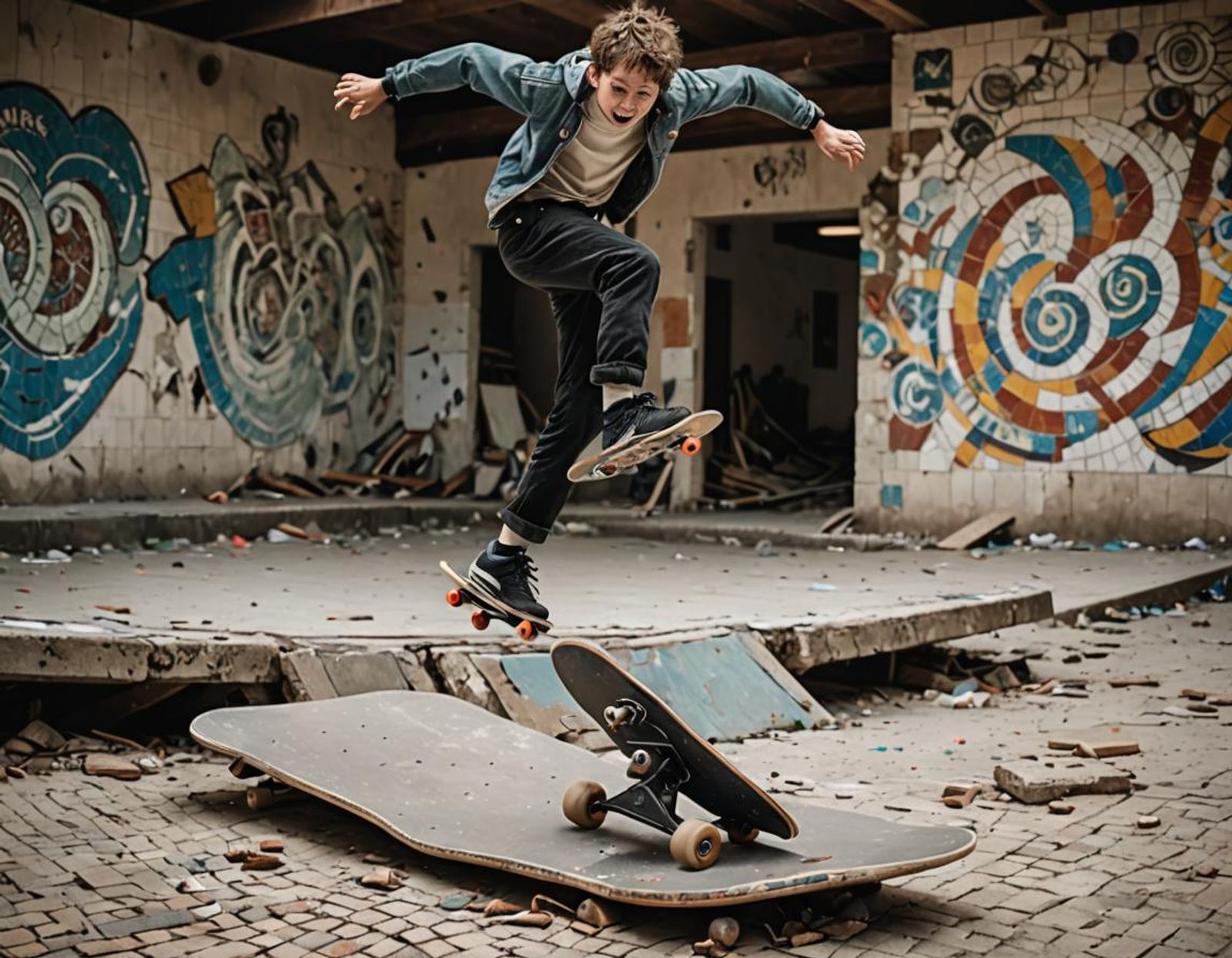 A boy is hurtling through the air, arms outstretched, fear and panic ...