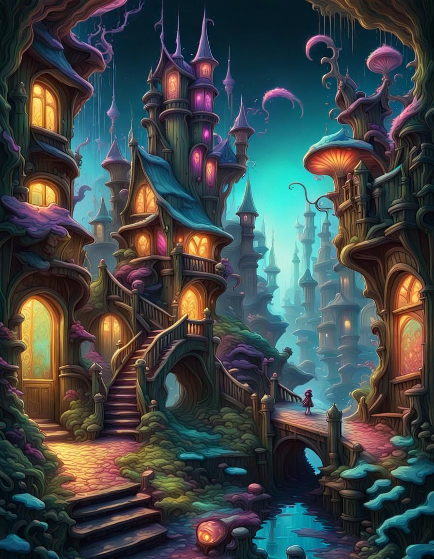 A fairy tale land of fantasy made by bioluminescence graffiti art ...