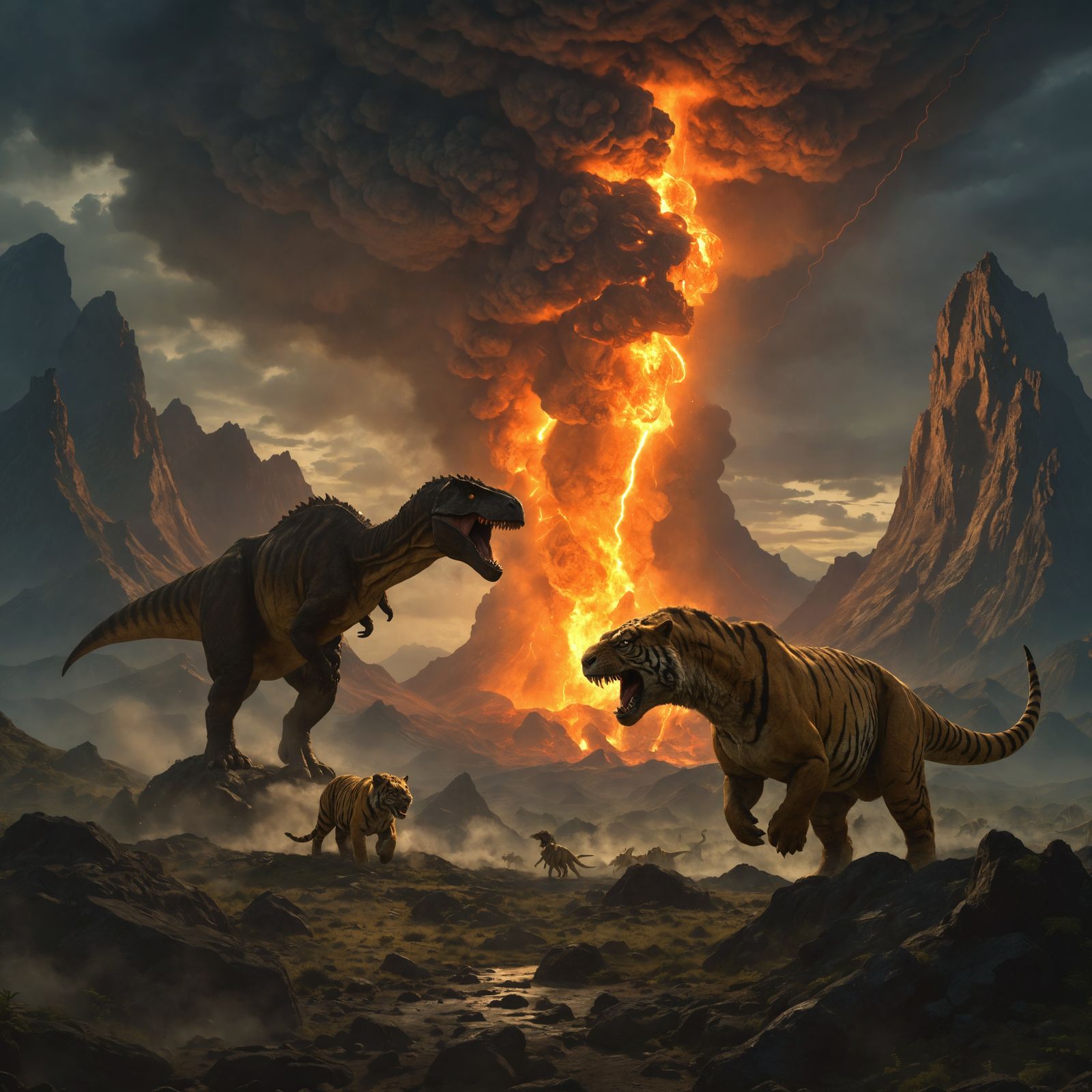 Dinosaurs and Prehistoric Beasts Amidst Volcanic L... - AI Art